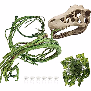Hamiledyi Bearded Dragon Tank Accessories Reptile Dinosaur Skull Hideout Decor Reptile Climber Jungle Vines Artificial Leaves for Iguana Lizard Chameleon Snake Frog Gecko Frogs(3 PCS)