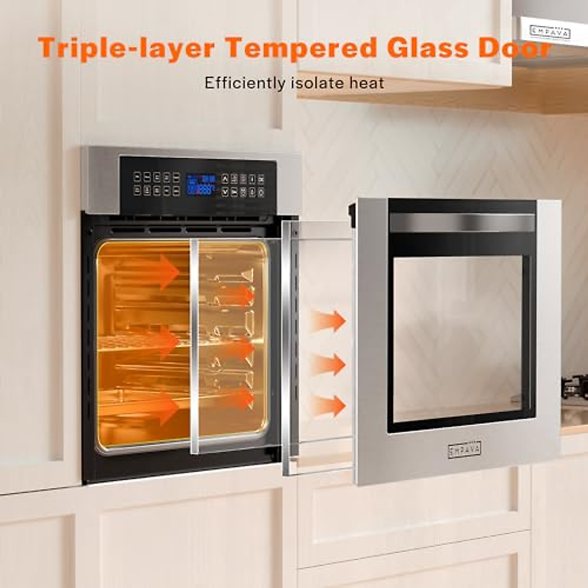 Empava 24 inch Electric Single 10 Cooking Funcitons, Stainless Steel Built-in Wall Convection Ovens with Screen Touch Control, 360° Rotisserie