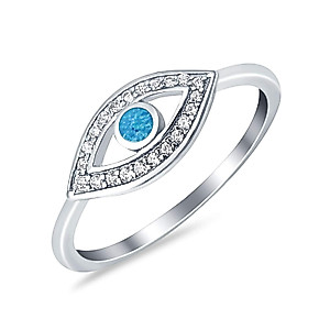 Lab Created Blue Opal Size-4 Evil Eye Ring Round Simulated Cubic Zirconia 925 Sterling Silver