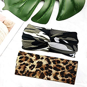 tiggell 6pcs Camo Leopard Headbands Elastic Bow Hairband Turban Twisted Head Wrap Knot Hair Accessories for Women Girls Running Sport Travel