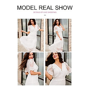 Bdcoco Women's V Neck Button Down Floral Lace Maxi Dress Casual Short Sleeve Boho Flowy Dresses White