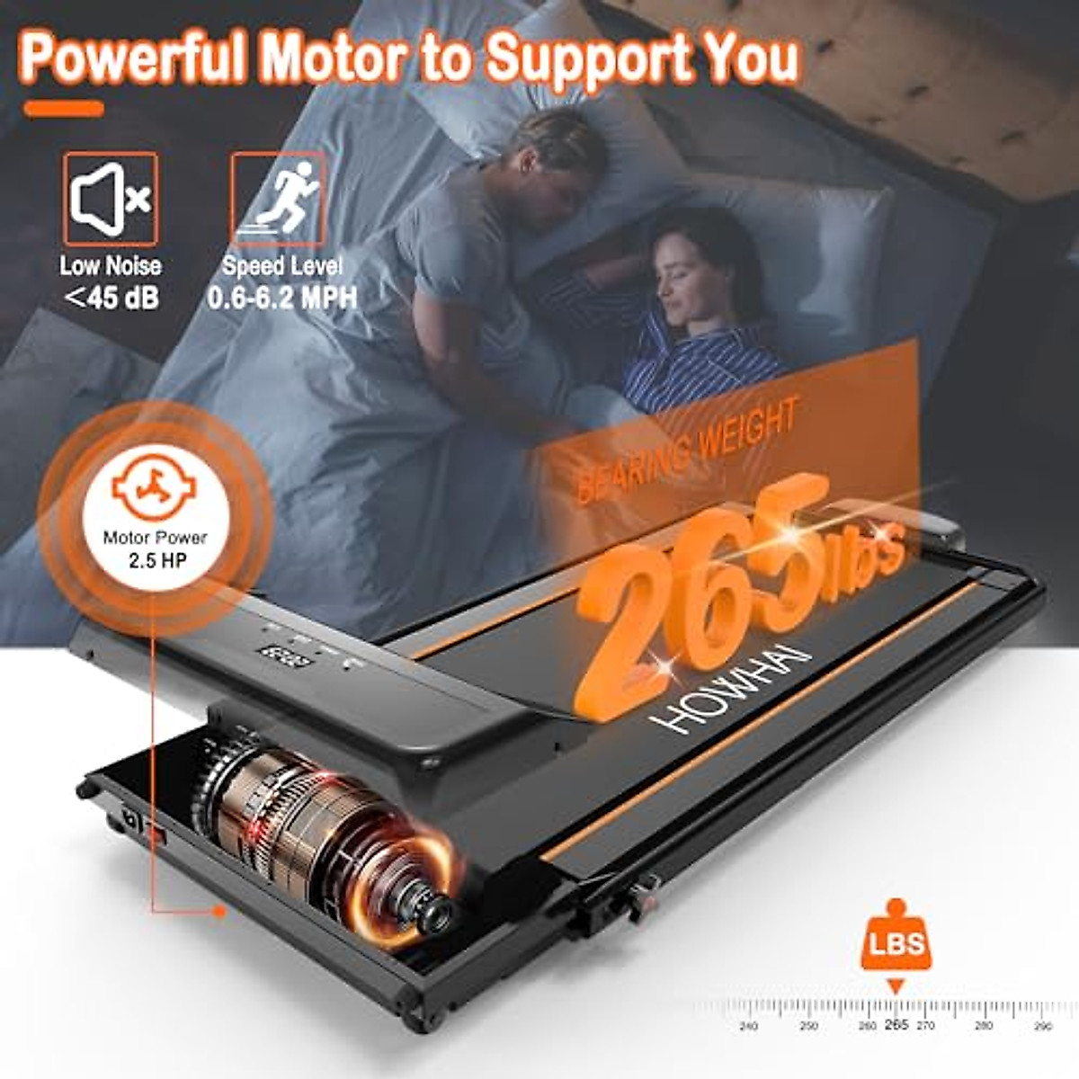 HOWHAI Treadmill, Walking Pad Treadmills for Home with 2.5HP, Speed 6.2-7.6MPH Walking Pad with Handle Bar, Foldable Treadmill, Remote Control and LED Display, Space-Saving for Home Office(Orange)