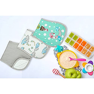 DREAMS & DIMPLES 3 Pack Muslin Burp Cloths - 1 Side Muslin, 1 Side Towel, Gender Neutral Colors, 3 Layered Muslin Burp Rags, Large Wide Shoulder, Absorbent & Soft Burping Cloths (Dream World)