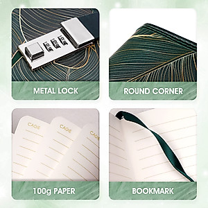 CAGIE Journal with Lock Combination Digital 224 Pages Lockable Secrets Diary, Printed Leaves Design Locking Journal for Adults, 5.1 x 7.4 Inch, Green