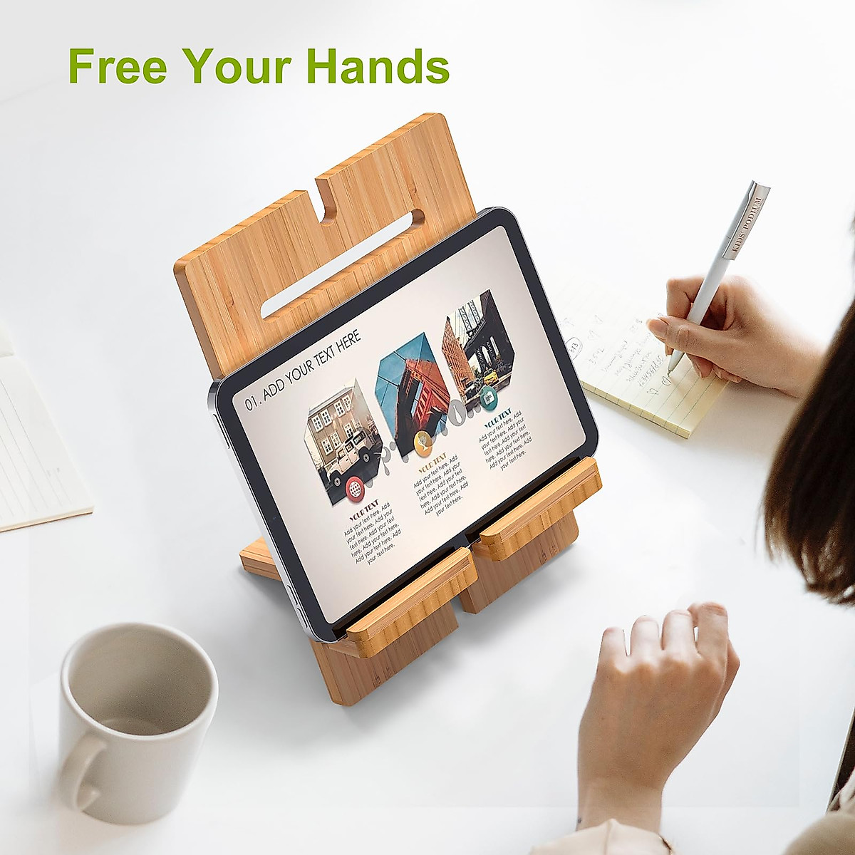 Pezin & Hulin Bamboo Tablet Stand Adjustable, Desktop Cell Phone Stand Holder Dock Compatible with Pad 9.7, 10.5, 12.9, Air 2 3 4 Mini, E-Reader, Phone 8 Plus X XS Max XR (Support to 4.7-13" Devices)