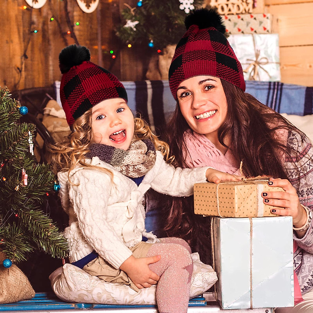 2 Pcs Parent-Child Hats with Pom Pom - Knitted Mom and Baby Matching Outfits Winter Warm Beanie Hats Soft Crochet Caps for Women Kids Christmas Red