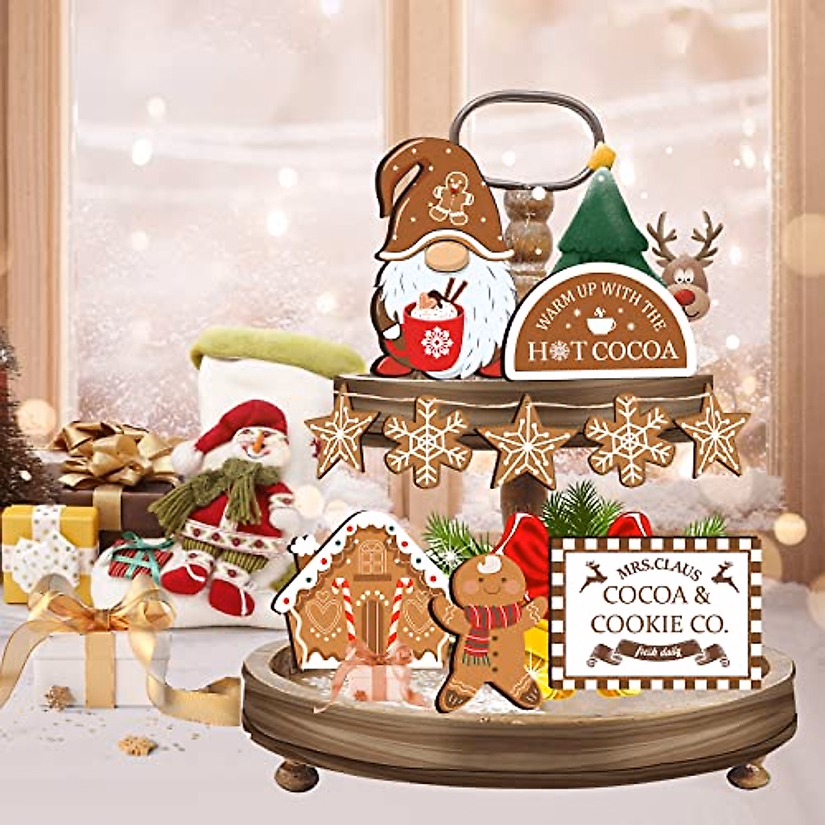 10 Pieces Christmas Tiered Tray Decor-Winter Holiday Gingerbread Themed Decor with Hot Cocoa Bar and Cute Gnomes Wooden Signs for Farmhouse Rustic Centerpiece Home Room Table Fireplace Shelf