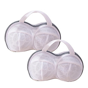 2 Pack Large Bra Washing Bags for Laundry, 3D Protective Bracket Mesh Bra Laundry Bags for Washing Machine Brassiere Wash Bags with Handle and Zipper for Delicates Lingerie A to C Cups (Grey)