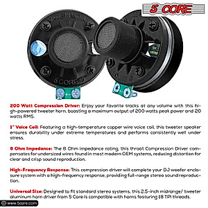 5 CORE Horn Speaker Tweeter Compression Driver Phenolic Diaphragm 1" Inch VC 8 Ohm 200W PMPO Screw On Throat Twist Tweeters High Frequency Car Pro Audio 5C-D26