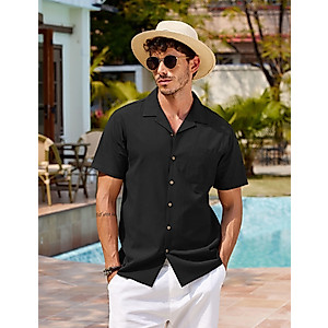 COOFANDY Men Beach Linen Shirts Boho Hippie Shirts Summer Cotton Tops Big and Tall A- Black