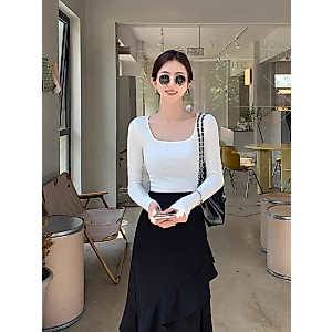 OQQ Women's 2 Piece Bodysuits Sexy Ribbed One Piece Square Neck Long Sleeve Tops Black White