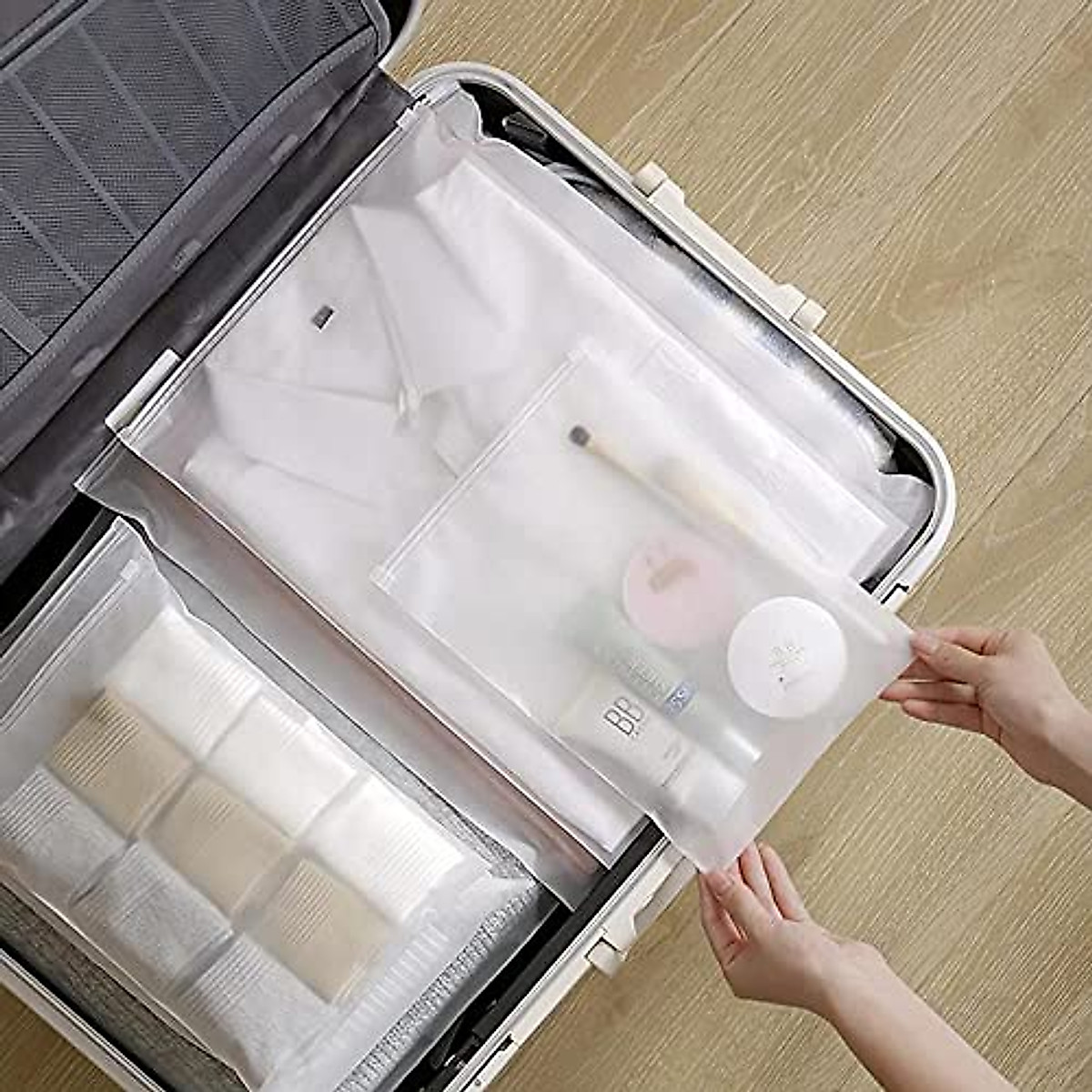 CherryPig JSJSYO 50Pcs Travel Storage Bags Frosted Resealable Bags Zip Lock Storage Plastic Bags Luggage Organiser Pouch Space Saver Storage for Clothes School Trip Size 14x10in