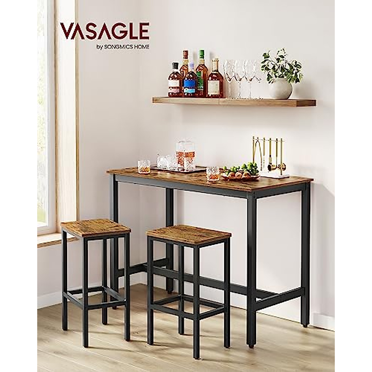 VASAGLE Bar Table Set, with 2 Bar Stools, Dining table set, Kitchen Counter with Bar Chairs, Industrial, Living Room, Party Room, Rustic Brown and Black ULBT15X