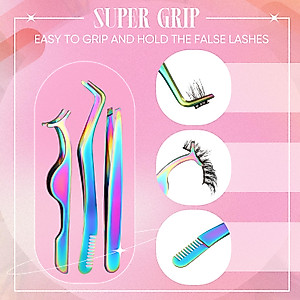 Layhit 5 Pcs Lash Applicator Tool Set Lash Tweezers for DIY Individual Lash Clusters Application and Removal Straight and Curved Eyelash Extension Tweezers with Storage Box and Eyebrush (Iridescence)