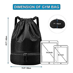 Qoosea Drawstring Backpack Sports Gym Bag with Shoe Compartment Water Resistant Drawstring Sackpack for Women Men (Black)