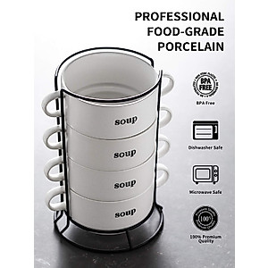 LAUCHUH Soup Bowls Porcelain Soup Crocks with Handles Stackable Soup Mugs for French Onion Bowl Set with Serving Stand 27 ounces for Salad Cereal Fruit