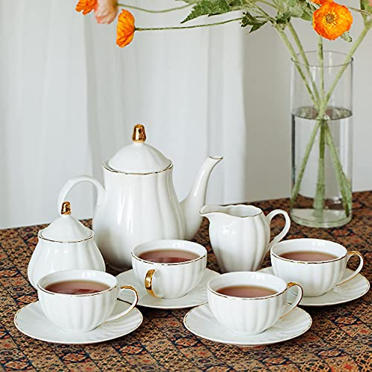 BTaT - Classic tea set, 13 pcs, Tea Cups (7oz), Tea Pot (32oz), Creamer and Sugar Set, Porcelain Tea Set, White Tea Set, Tea Pot Sets with Cups, Coffee Serving Set, Mother's Day Gift