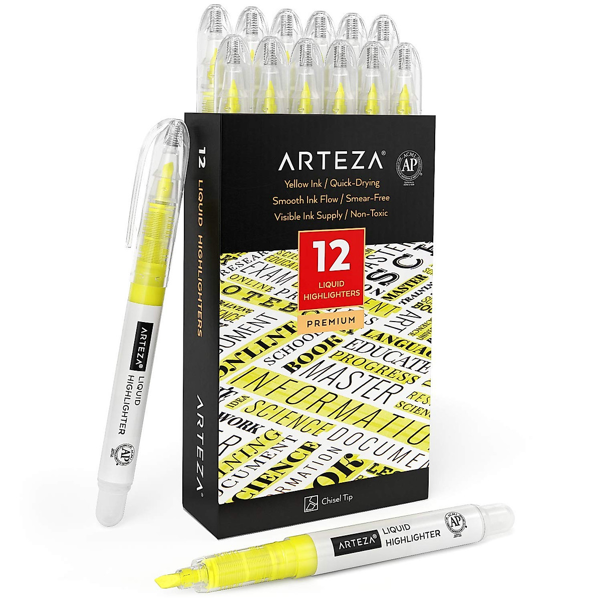 ARTEZA Liquid Highlighter Pens, Set of 12, Narrow Chisel Tip, Bulk Pack of Yellow Highlighters, Office Supplies for Bullet Journal, Notes, or Books