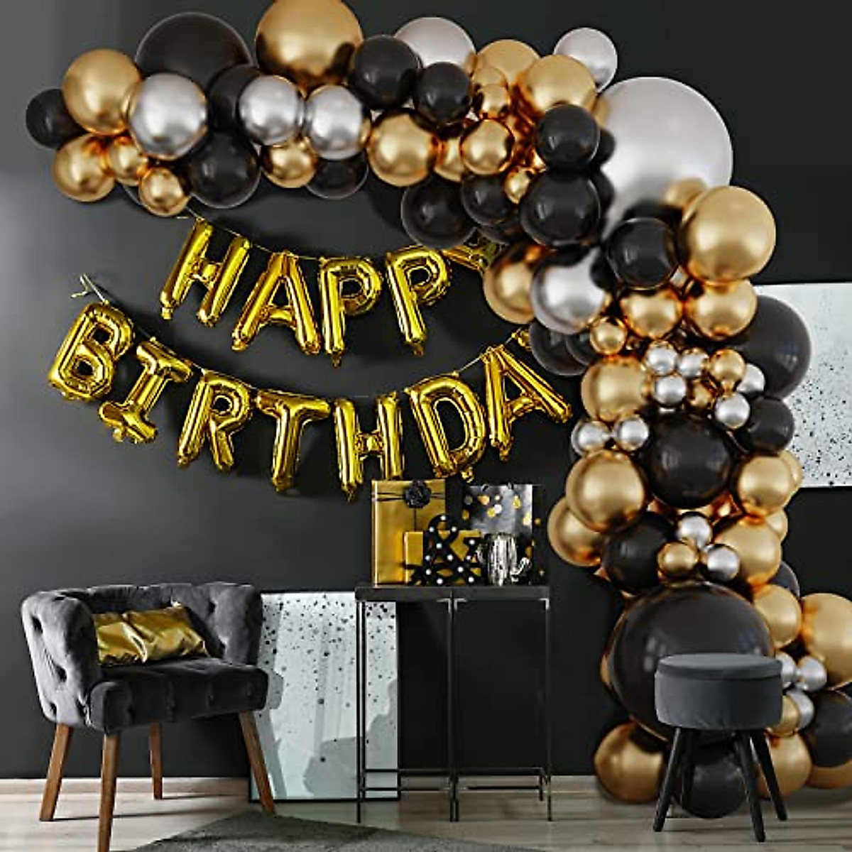 RUBFAC 137pcs Black Gold and Silver Balloon Garland Arch Kit, Metallic Gold Chrome Silver Balloons for Graduation, Birthday and New Year Party Party Decorations