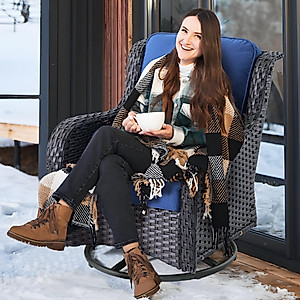 ovios Outdoor Furniture Set 10 Pieces Patio Conversation Set Rocking Swivel Chairs All Weather Rattan Wicker Sofa Couch for Backyard Porch Deck, Brown Wicker, Navy Blue