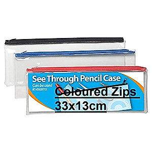 2x Range Wholesale Clear Exam Pencil Case - Coloured Zips long 33x13cm Ideal for Office/Back to School