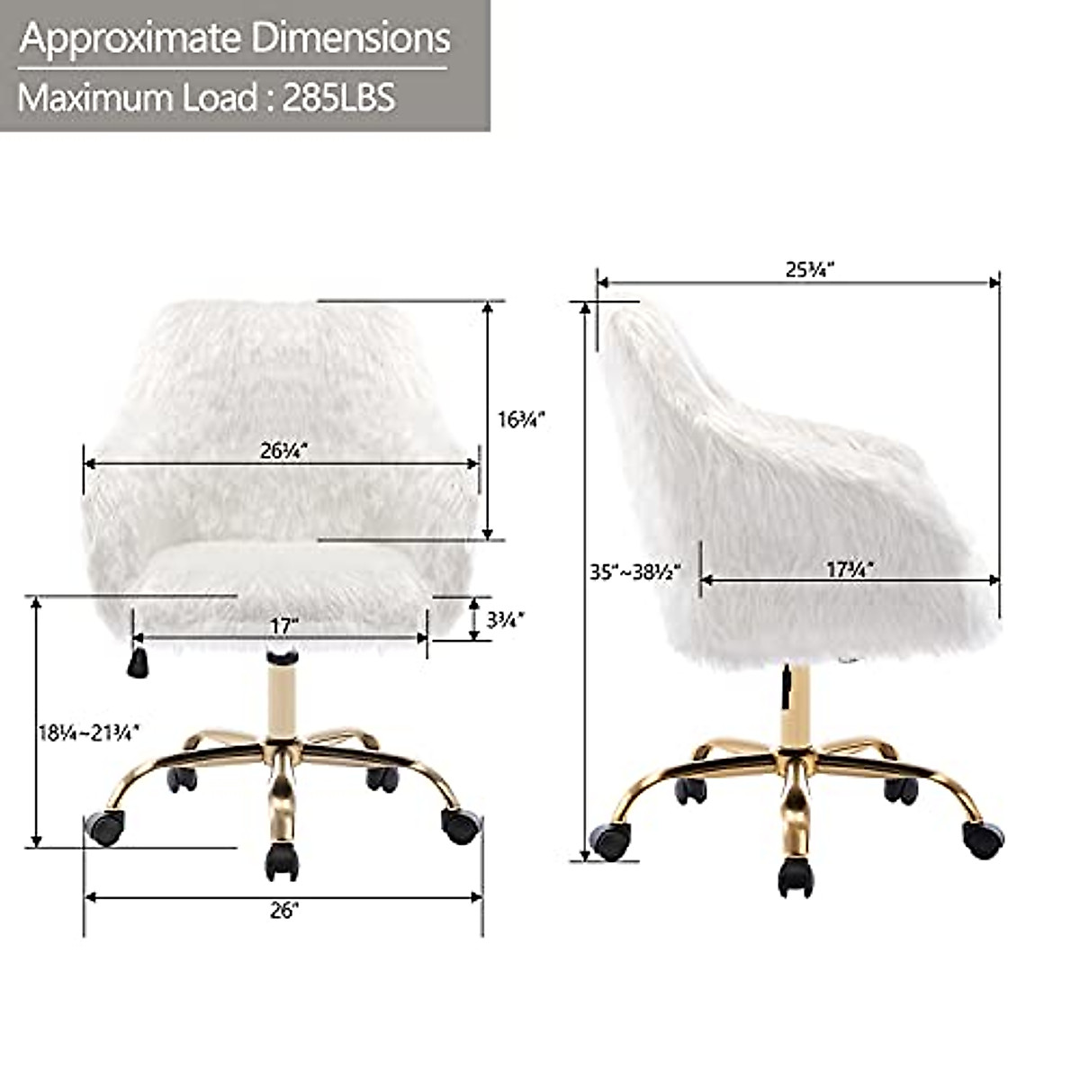 Duhome Faux Fur Home Office Chair for Women, Vanity Chair for Teen Girls Swivel Desk Chair with Armrest, White