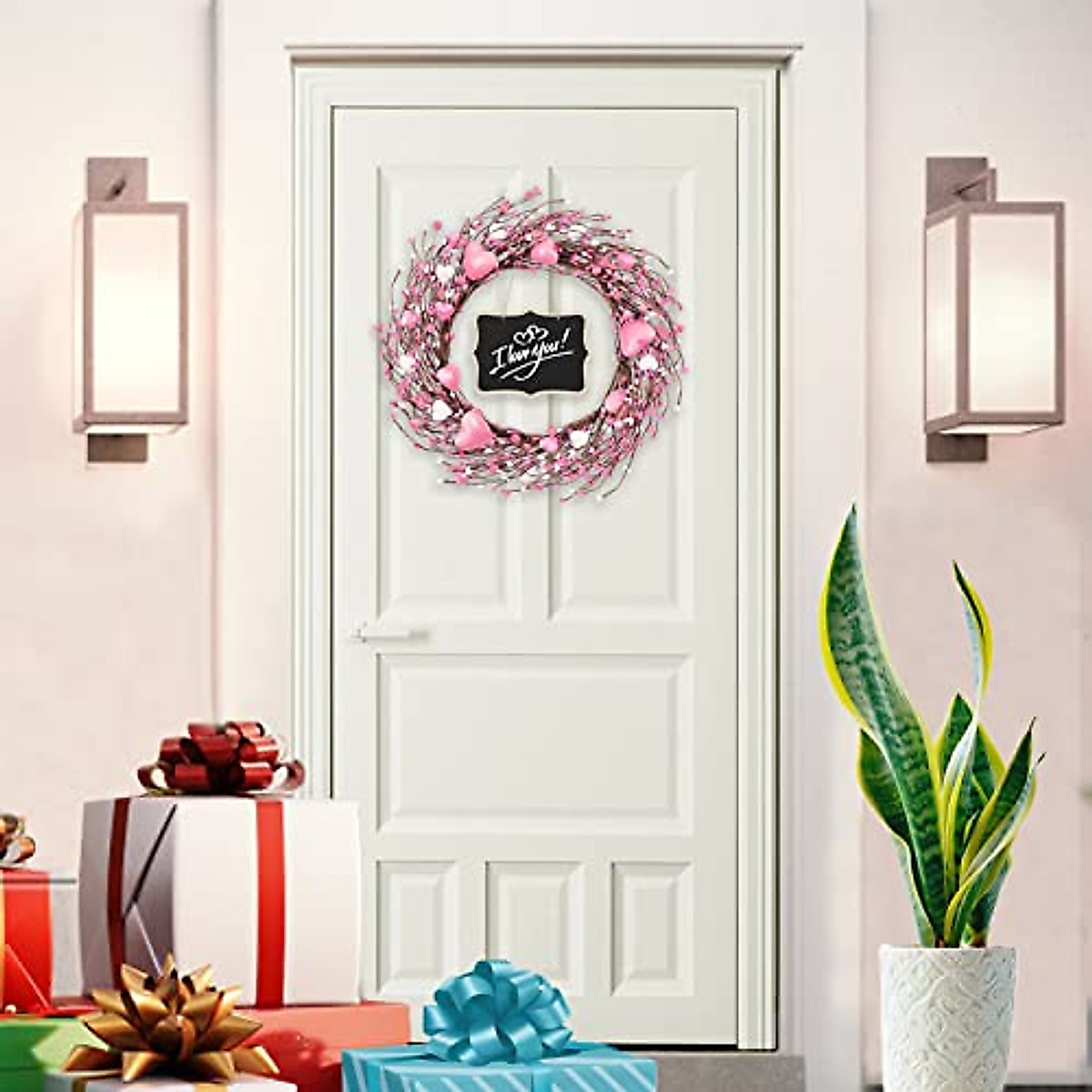 Artflower Pink Pip Berry Wreath Heart Shaped Artificial Decoration Rustic Twig Fake Garland Handmade Festival Gifts for Valentine's Day Wedding Garden Door Wall Hanging Home Indoor Office Decor