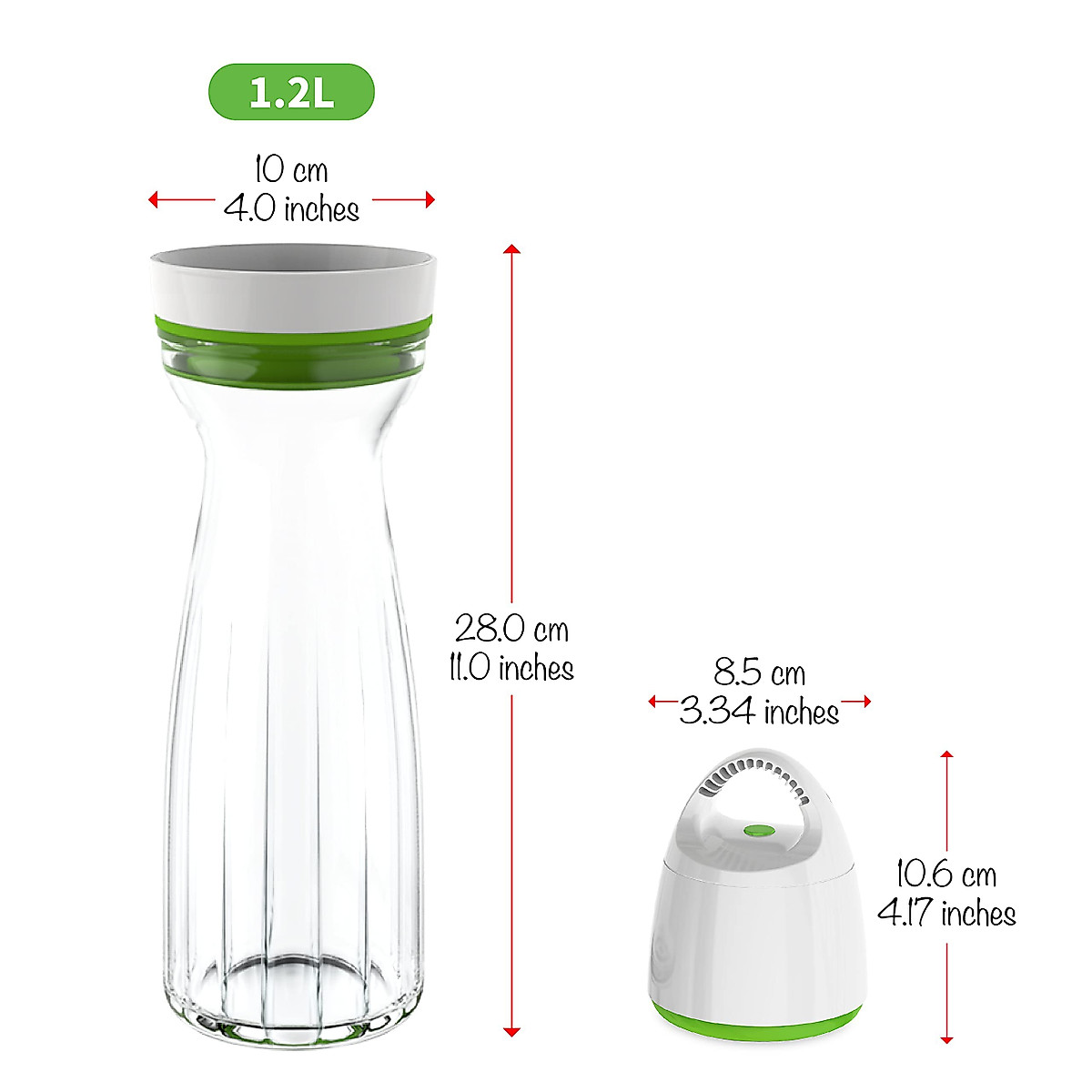FOSA O2Go 1.2L (40oz) Vacuum Sealed Glass Jug with Lid, Glass Pitcher (Vacuum Pump not Included)