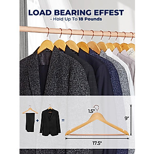 Smartor Wooden Hangers 10 Pack, Durable Coat Hanger Wood Hangers with Bar, Premium Suit Hangers for Men Women - Heavy Duty Hangers Pants Hanger Set with 360° Rose Gold Rotatable Hook, Natural