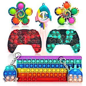 RYLEED 8 Pack Pops Fidget Toys, It is Includes( 2 Game Controller Gamepad Shape+ 2 Small Poppit Keychain+ 2 Fidget Spinner Toys+ 1 Keyboard Shape+ 1 Rocket Shape Snap Toy)