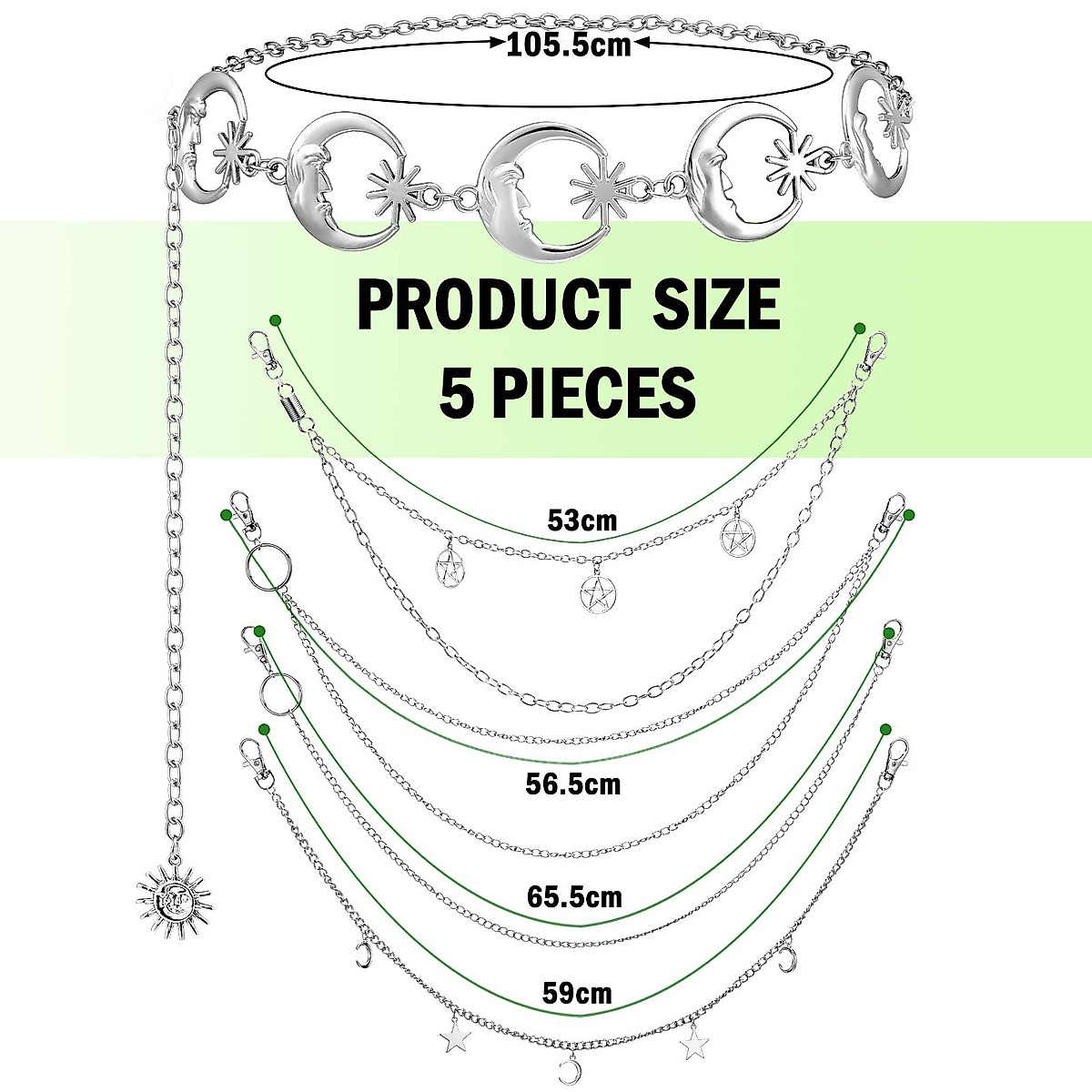 5 Pieces Chain Belt Pendant Belly Belt Body Chains Silver Metal Link Body Chain Belt Jeans Pants Chain Pocket Waist Chain Multilayer Hip Hop Metal Wallet Chain for Men Women (Moon Star)