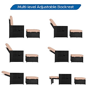 VUYUYU 5PCS Outdoor Wicker Chaise Lounge Chair - Rattan Adjustable Reclining Patio Lounge Chair with Ottoman and Coffee Table, for Patio Beach Pool Backyard (Black Wicker Khaki Cushion)