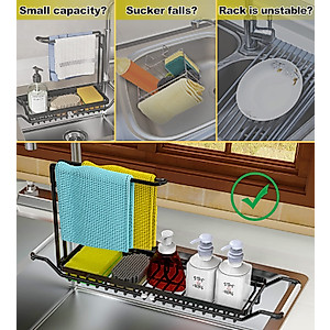 Sink Caddy, Expandable Kitchen Sink Organizer,Stainless Steel Sponge Holder for Kitchen Sink,Over Sink Kitchen Caddy with Dishcloth Towel Holder,Telescopic Sink Rack for Soap,Scrubber Brush (Black)
