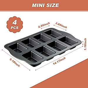 Yinder 4 Pcs Mini Loaf Pan, Carbon Steel with Non-Stick Coating, Rectangular, 17 x 9.45 x 1.18 Inch, Black Gray