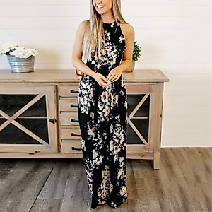 Padaleks Women's Casual Sleeveless O Neck Halter Dresses Loose Plus Size Summer Beach Retro Print Long Maxi Dress