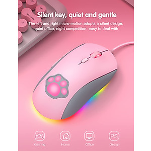 PHNIXGAM Cat Paw RGB Gaming Mouse, Silent Optical Computer Mice USB Wired with 6 Adjustable DPI Up to 7200, RGB Lighting, 6 Programmable Buttons for Windows/Vista/Linux (Pink)