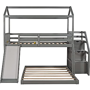 DNYN Stairway Twin Over Full Bunk Bed with Slide and Storage Staircase for Kids Bedroom,House Shaped Wooden Bedframe w/Full-Length Guardrails,No Box Spring Needed, Gray
