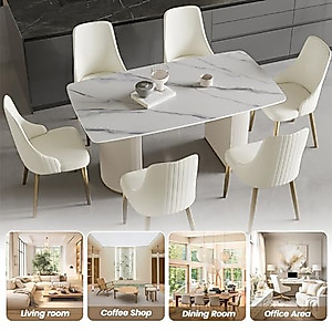 LovingAHome Modern Rectangle Marble Dining Table for 8,79" White Marble Sintered Stone Dining Table with Semi-Circular Pedestal,Faux Marble Kitchen Dinner Table Wrapped in PU Leather (Table Only)