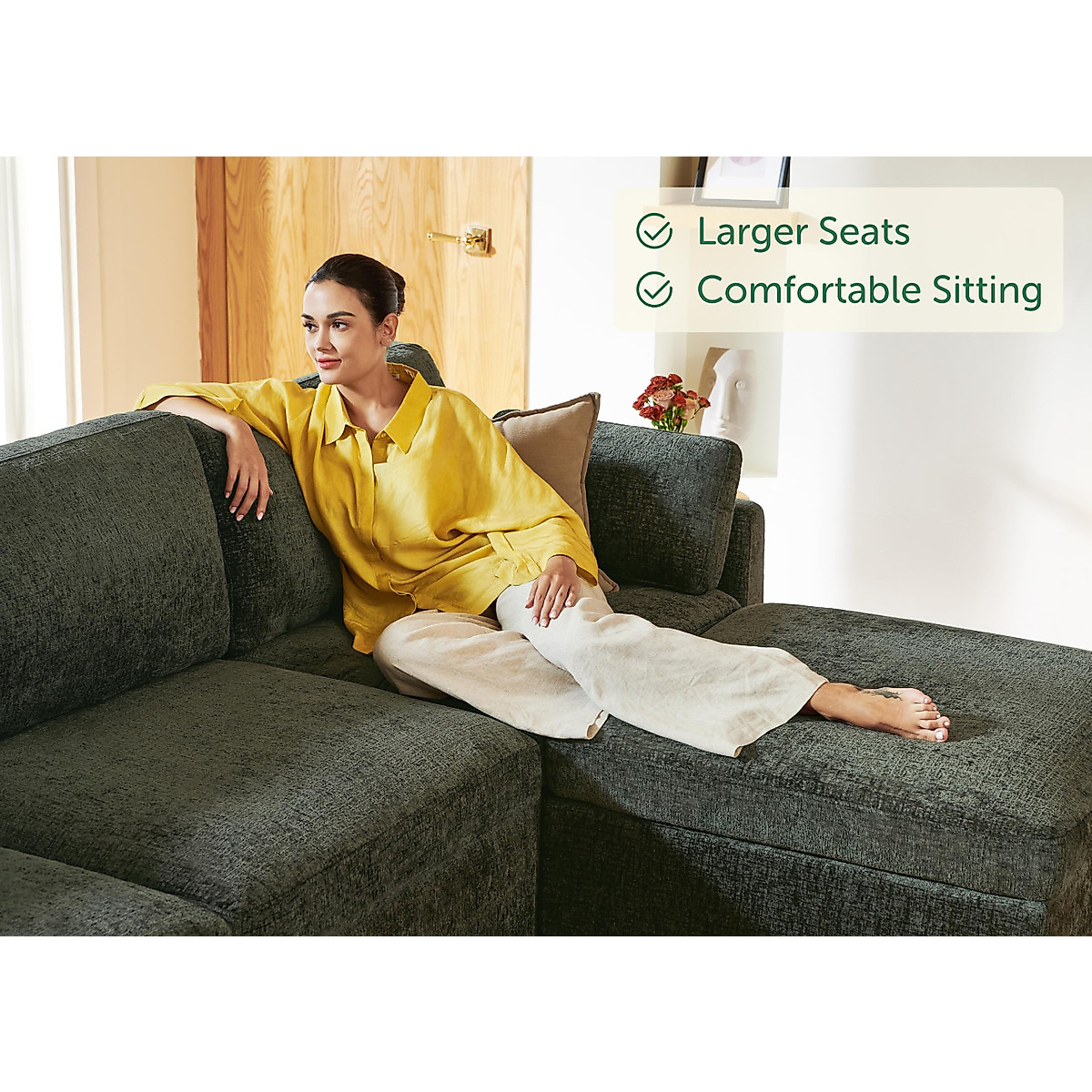 HONBAY Modular Sectional Sofa, Sectional Couch with Storage Seats, Sleeper Chenille Sectional Couches for Living Room, Green