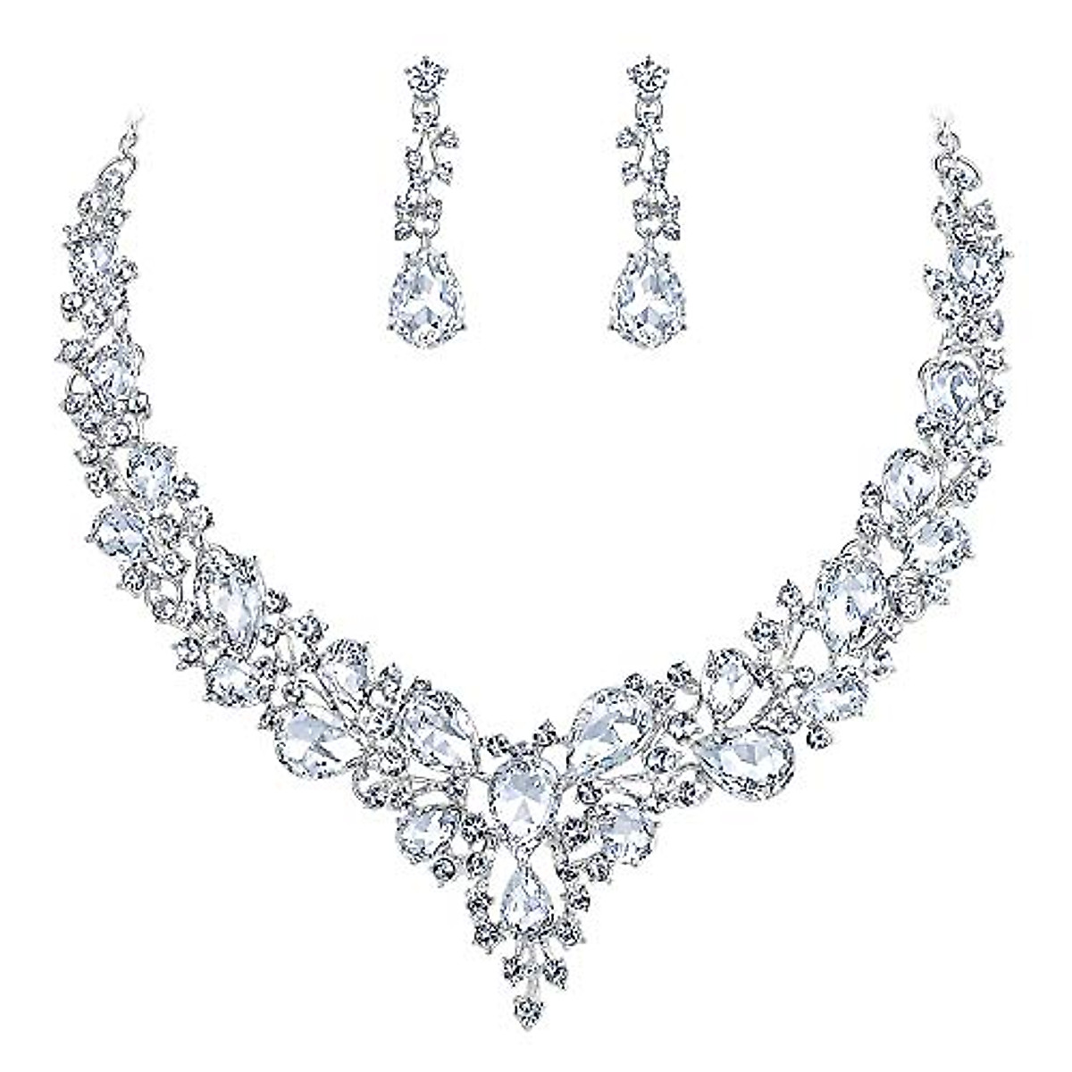BriLove Wedding Bridal Necklace Earrings Jewelry Set for Women Austrian Crystal Teardrop Cluster Statement Necklace Dangle Earrings Set Clear Silver-Tone