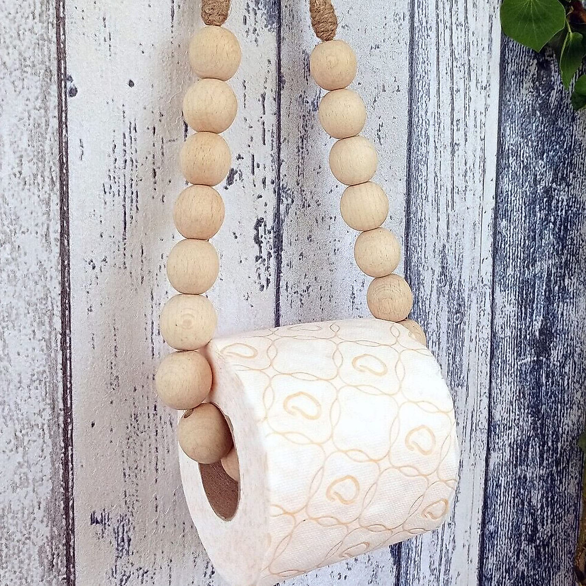 Eaferm Farmhouse Wooden Beads Toilet Paper Holder, Natural Wood Beaded Paper Towel Roll Holder Tissue Hanger, Bathroom Wall Decor Rustic Boho Decorations