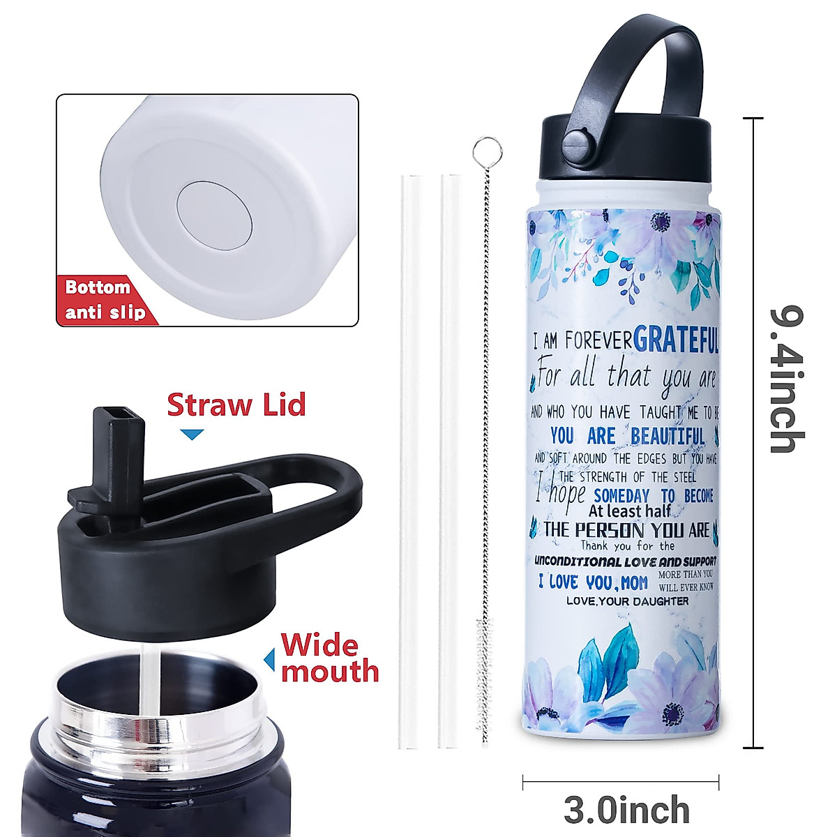 Mom Birthday Gifts from Daughter - 24oz Insulated Stainless Steel Water Bottle - Mother's Day, Christmas, Retirement - BPA-Free With Straws and Brush - Hand Wash Only