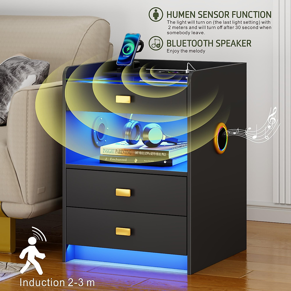 Nightstands with LED Lights, Smart Night Stand with Bluetooth Speakers & Body sensors, Modern Side Tables with Wireless Charging Stations,Black Bedside Table with Drawers (Black)