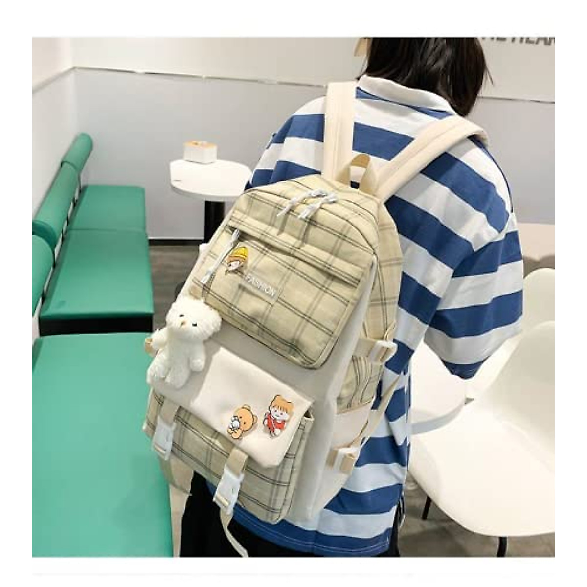 5Pcs Canvas Kawaii Backpack Combo Set with Cute Bear Pendant Pins Plaid Check Handle Shoulder Tote Daypack Bag Kit (Khaki)