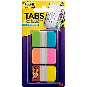 Post-it Tabs, 1 in Solid, Aqua, Yellow, Pink, Red, Green, Orange, 6/Color, 36/Dispenser (686-ALOPRYT)