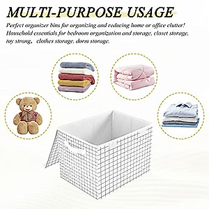 Kigai Storage Basket White Grid Storage Boxes with Lids and Handle, Large Storage Cube Bin Collapsible for Shelves Closet Bedroom Living Room, 16.5x12.6x11.8 In
