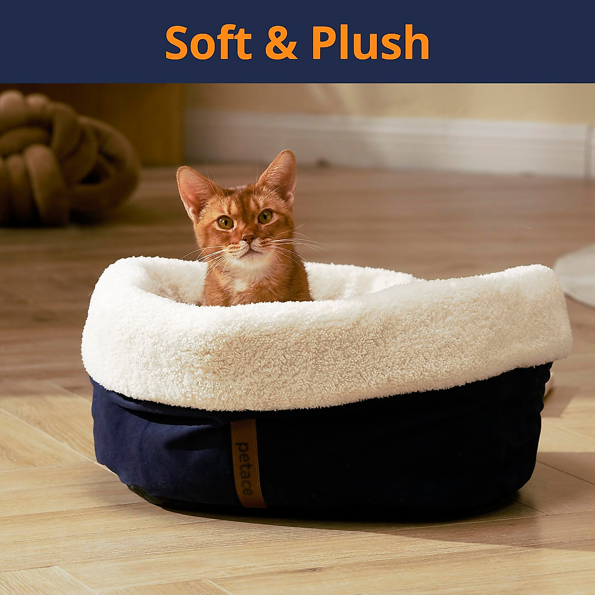 Petace Self Warming Cat Bed, 17.7" x 13.7" Anti-Slip Soft Round Thermal Pet Cushion Bed for Kittens & Small Puppy, Blue