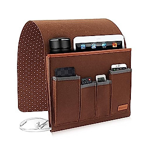Geeice Sofa Armchair Caddy, Remote Control Holder 5 Pockets Organizer for Recliner Couch, Armrest Side Pocket Storage for Magazine Tablet and Phone, Brown