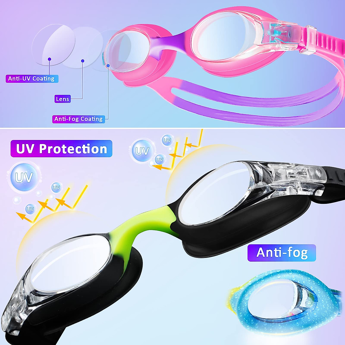 XDX Kids Goggles for Swimming 4-14, 4 Pack Kids Swimming Goggles for Boys and Girls, Anti Fog Swimming Goggles with UV Protection, Adjustable