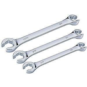 3-Piece Premium Double-End SAE Flare Nut Wrench Set, Size 3/8”, 7/16”, 1/2”, 9/16”, 5/8”, 11/16” | Cr-V Steel, 6-Point Head, 15° Offset | Perfect Line Wrench for Fuel, Brake, Air Conditioning and More